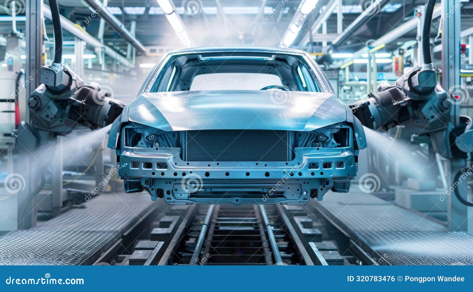 A Car Being Assembled on a Moving Assembly Line in a Brightly Factory ...