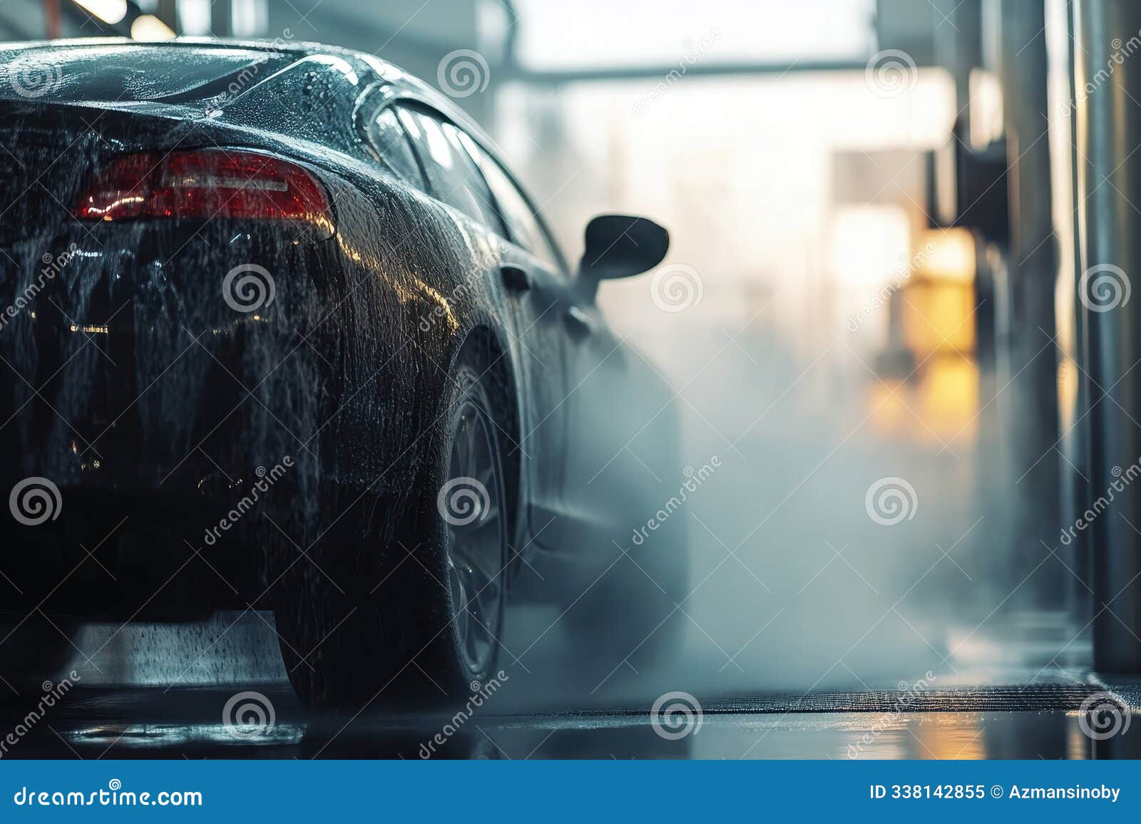 A Car Being Washed in a Modern Car Wash, Surrounded by Steam and Water ...
