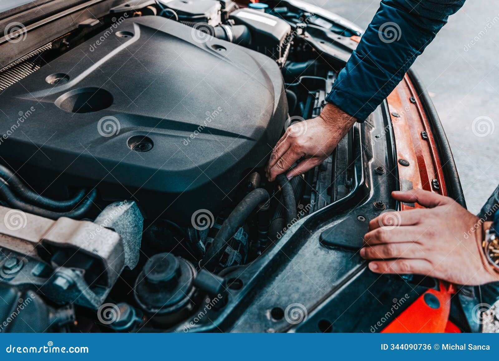 Car Breakdown Inspection., Checking Car Engine in Trunk Stock Photo ...
