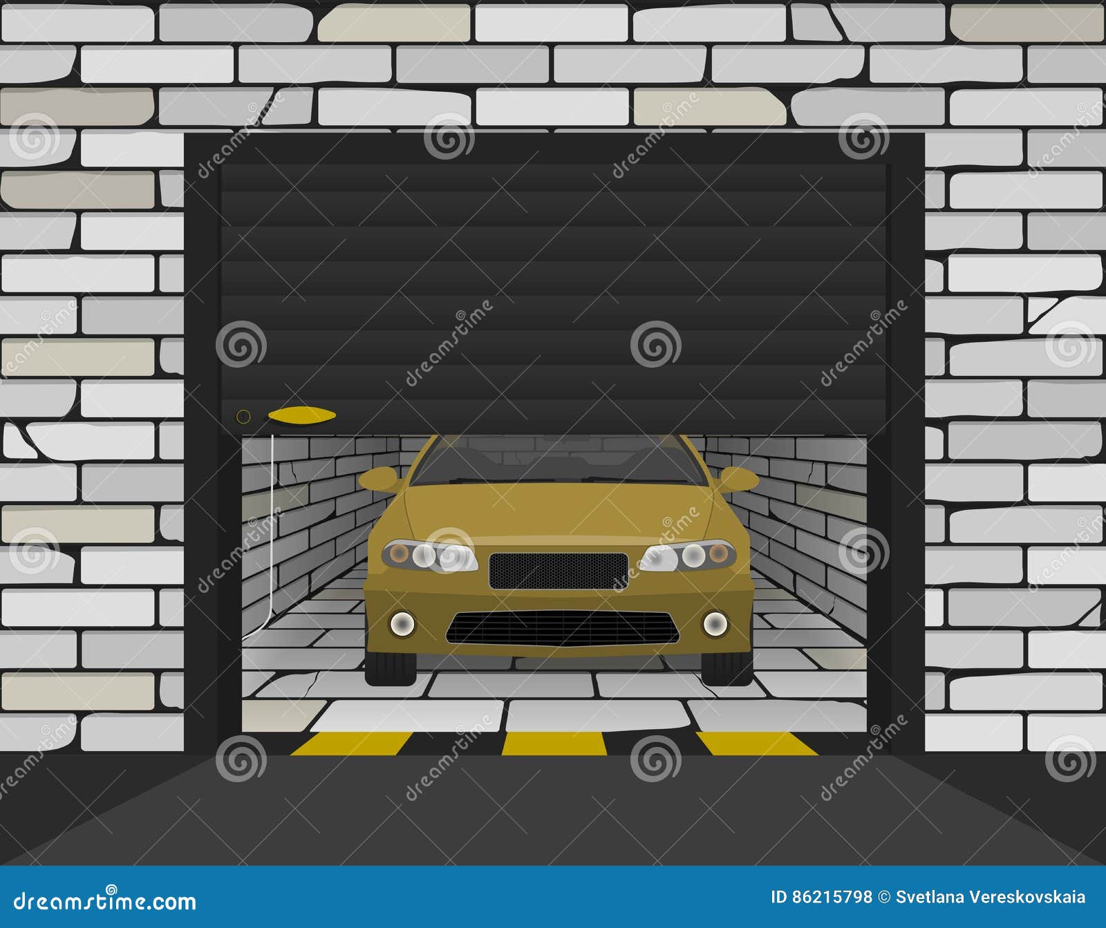 Car In A Brick Garage With Sectional Gates Vector Illustration ...