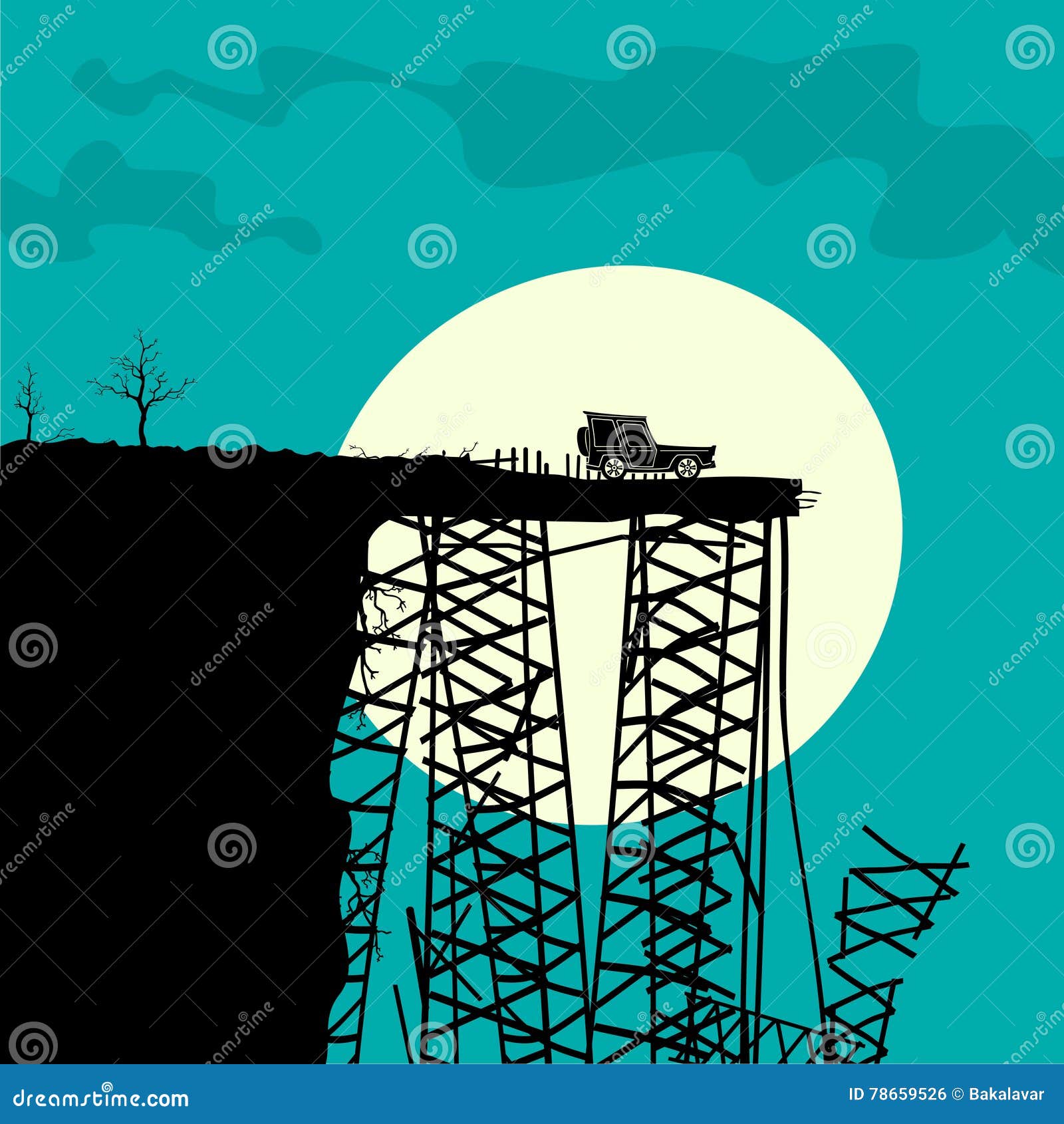 Broken Bridge Cartoon Illustration Isolated White Background. Wooden ...