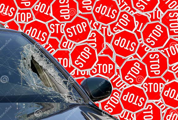 Car with Broken Windshield on Background of Stop Signs Stock Photo ...
