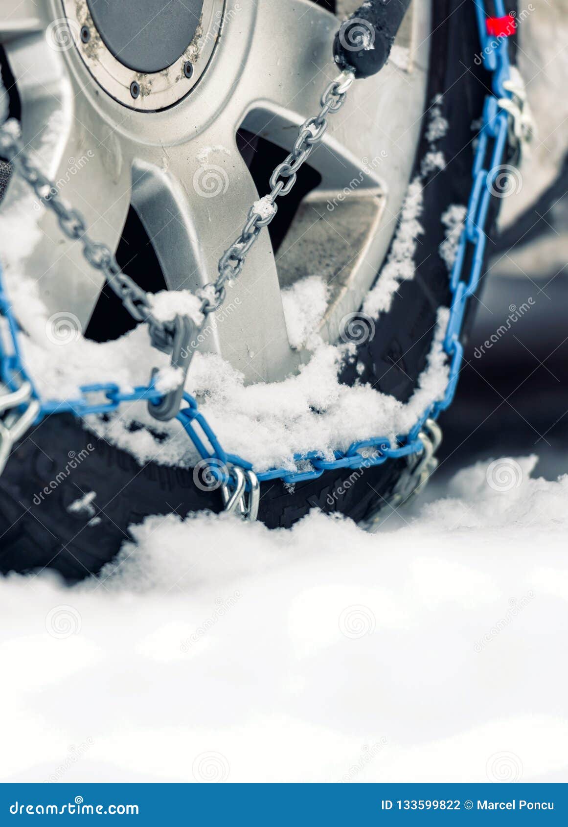 Car with chains on snow. stock photo. Image of secure - 133599822