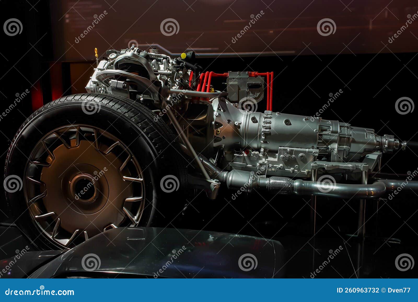 Car Chassis, Engine with Connected Gearbox and Exhaust Manifold ...
