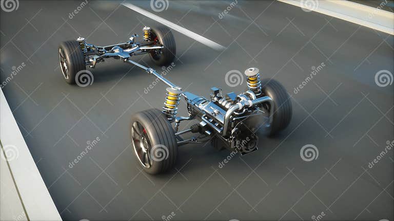 Car Chassis with Engine on Highway. Very Fast Driving. Auto Concept. 3d ...