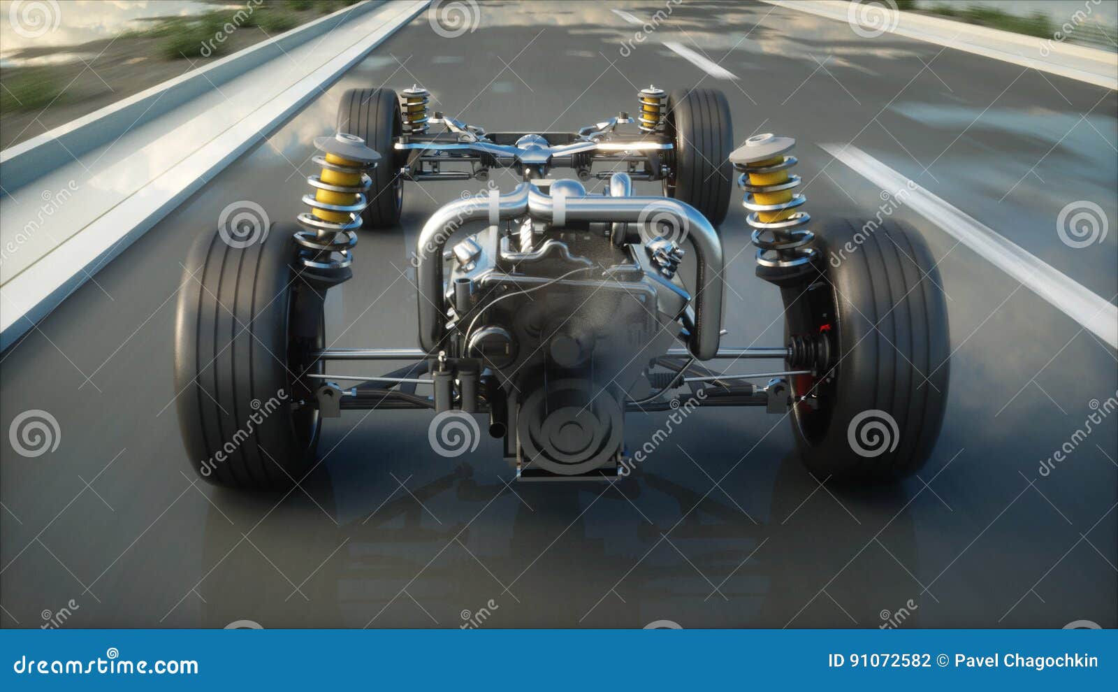 Car Chassis with Engine on Highway. Very Fast Driving. Auto Concept. 3d ...
