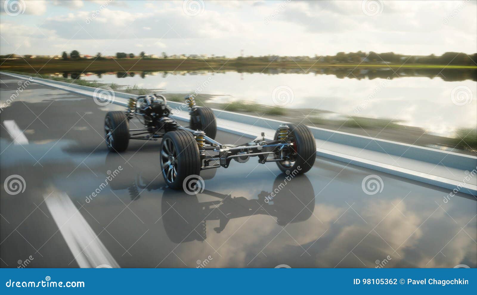 Car Chassis with Engine on Highway. Very Fast Driving. Auto Concept. 3d ...