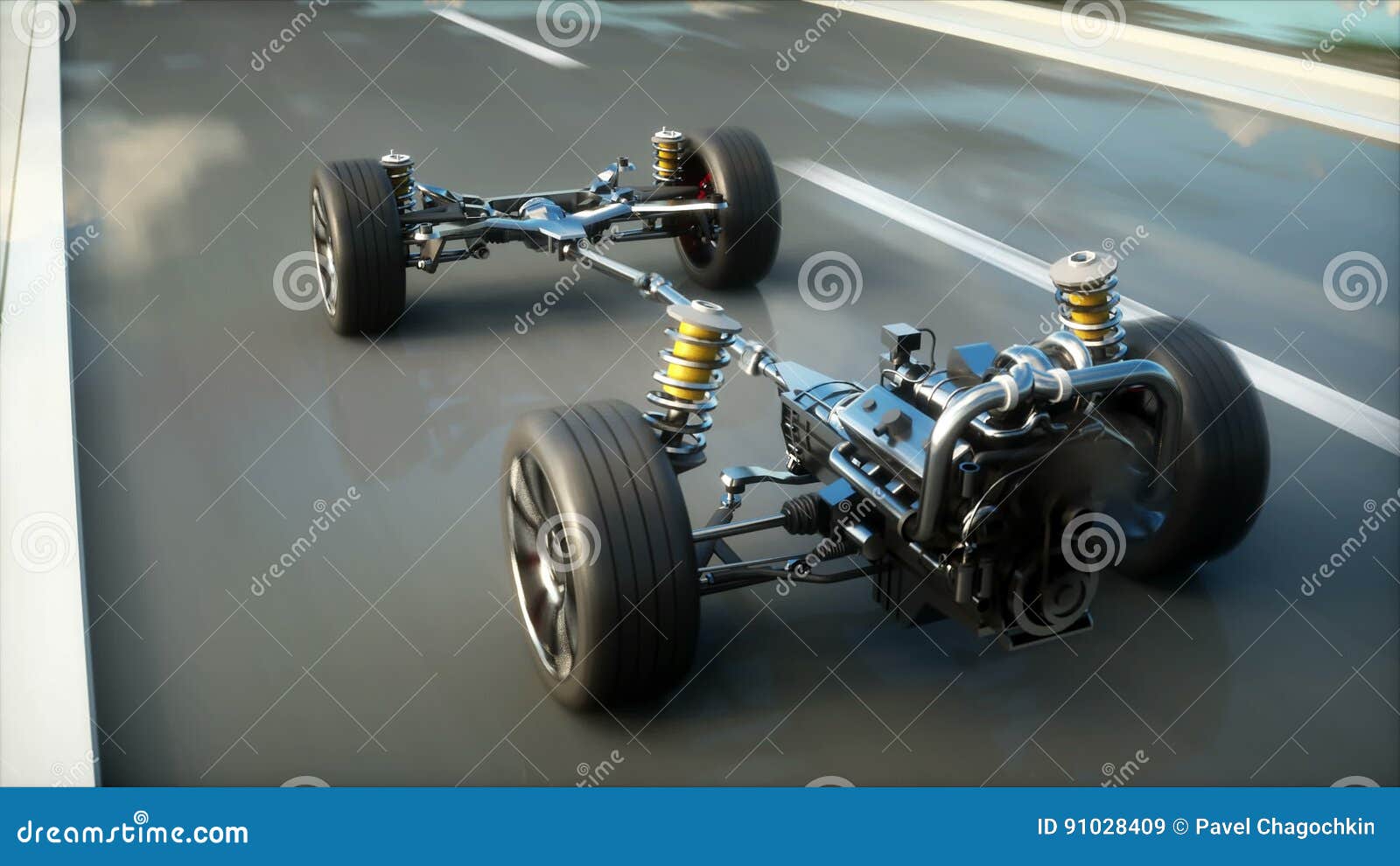 Car Chassis with Engine on Highway. Very Fast Driving. Auto Concept ...