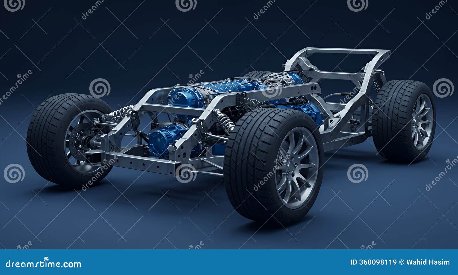 Car Chassis with Engine and Wheels on a Modern Blue Background Stock ...