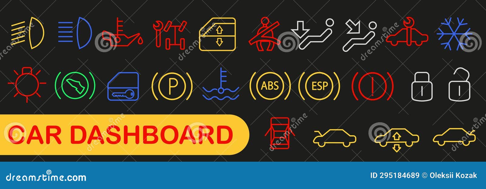 Car Control Panel Interface. Colored Car Dashboard Icons Stock Vector ...