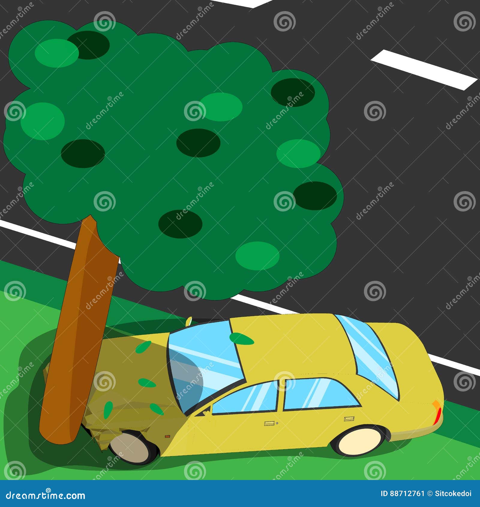 Car crash with a big tree, stock vector. Illustration of collision ...