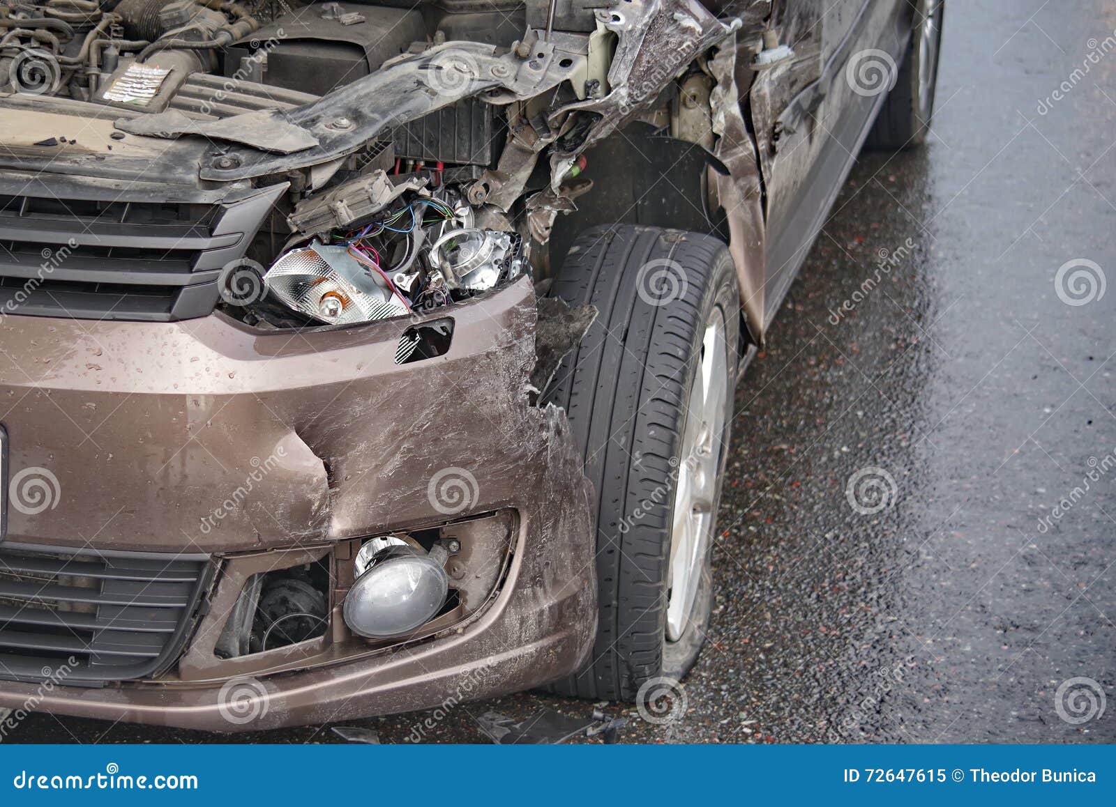 Crash Car In Front After The Accident. Broken Wing And Wheel, Bumper ...