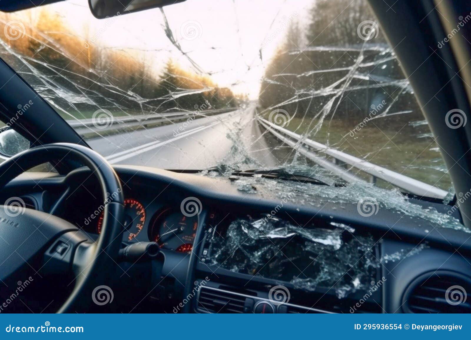 Car Crash. Incident. Transparent Windshield Reveals Wet Vehicle ...