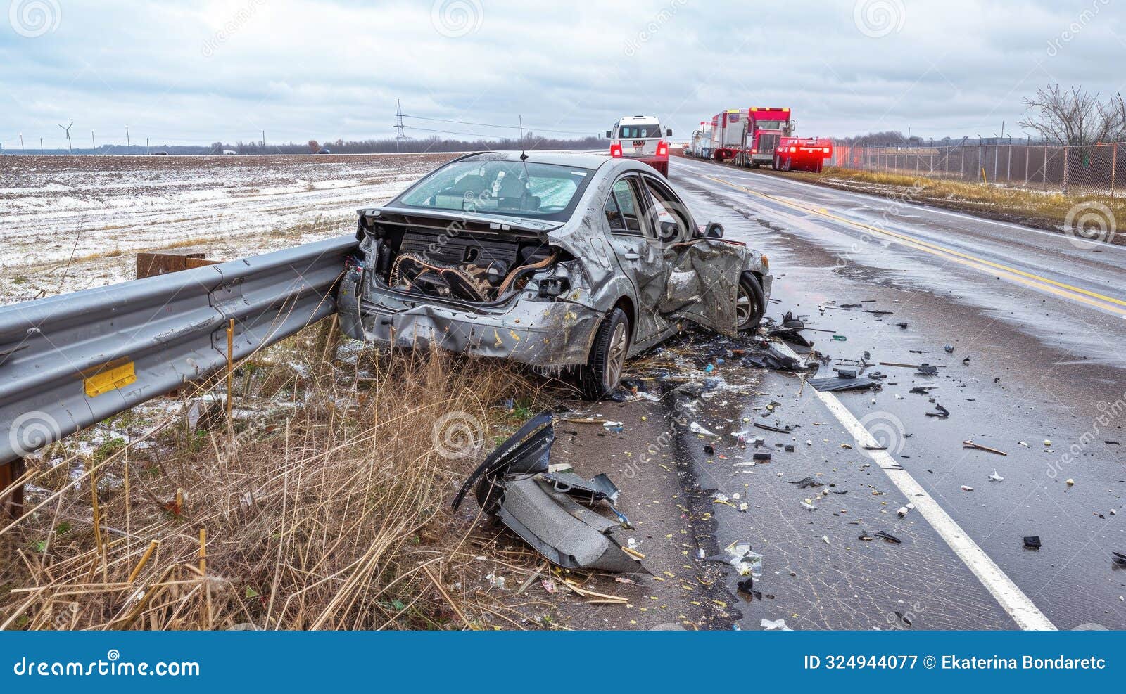 A Car Crashed Into A Metal Fence On The Highway, A Car Accident On The ...