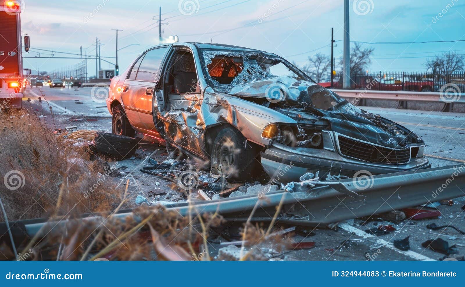 A Car Crashed Into A Metal Fence On The Highway, A Car Accident On The ...