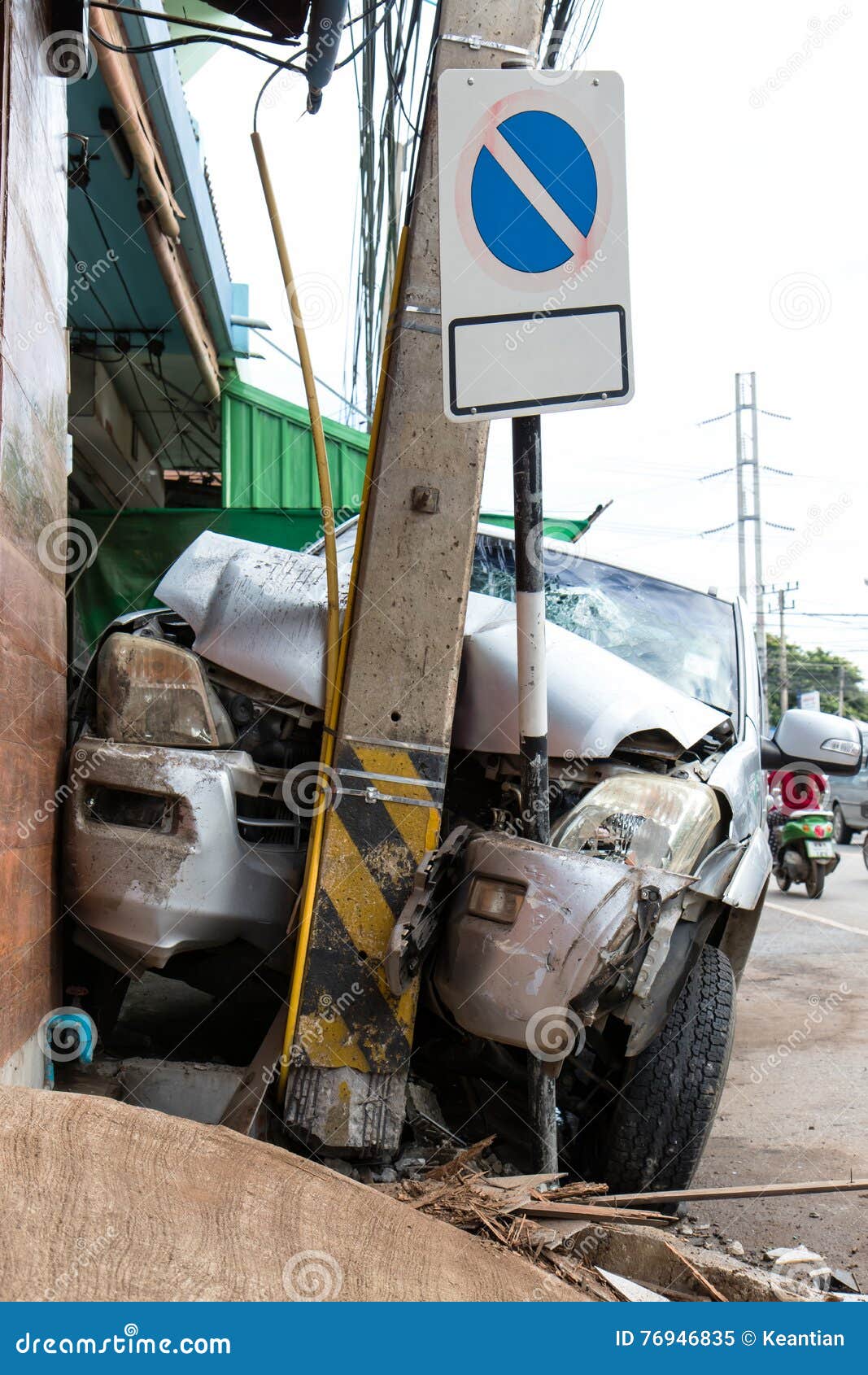 Car Crashed into Power Pole. Stock Image - Image of closeup, outage ...