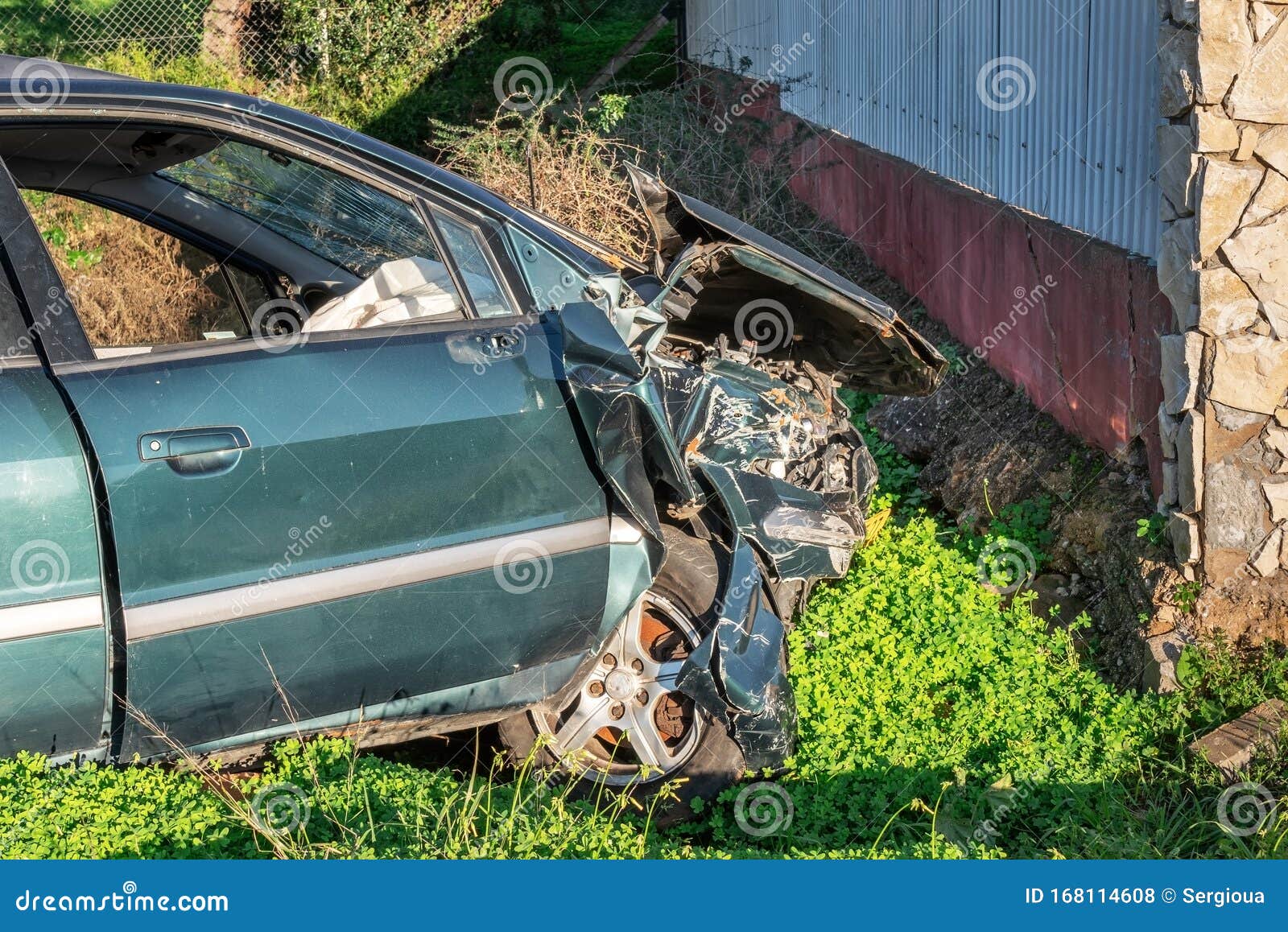 The Car Crashed into the Wall, Looking after the Crash. Drunk Driver ...