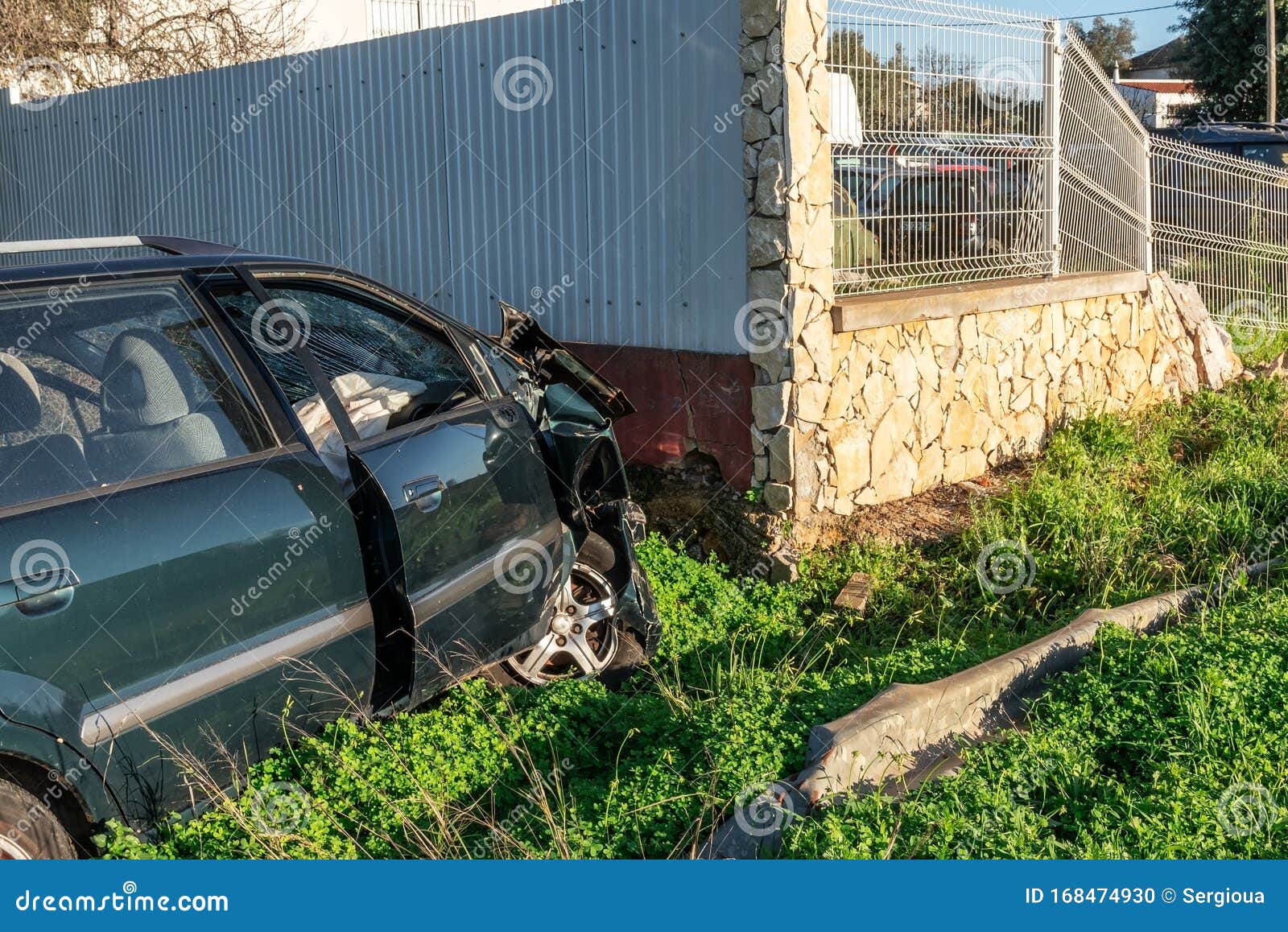 The Car Crashed into the Wall, Looking after the Crash. Drunk Driver ...