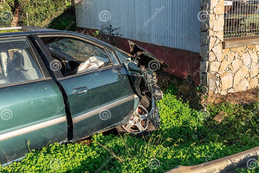 The Car Crashed into the Wall, Looking after the Crash. Drunk Driver ...