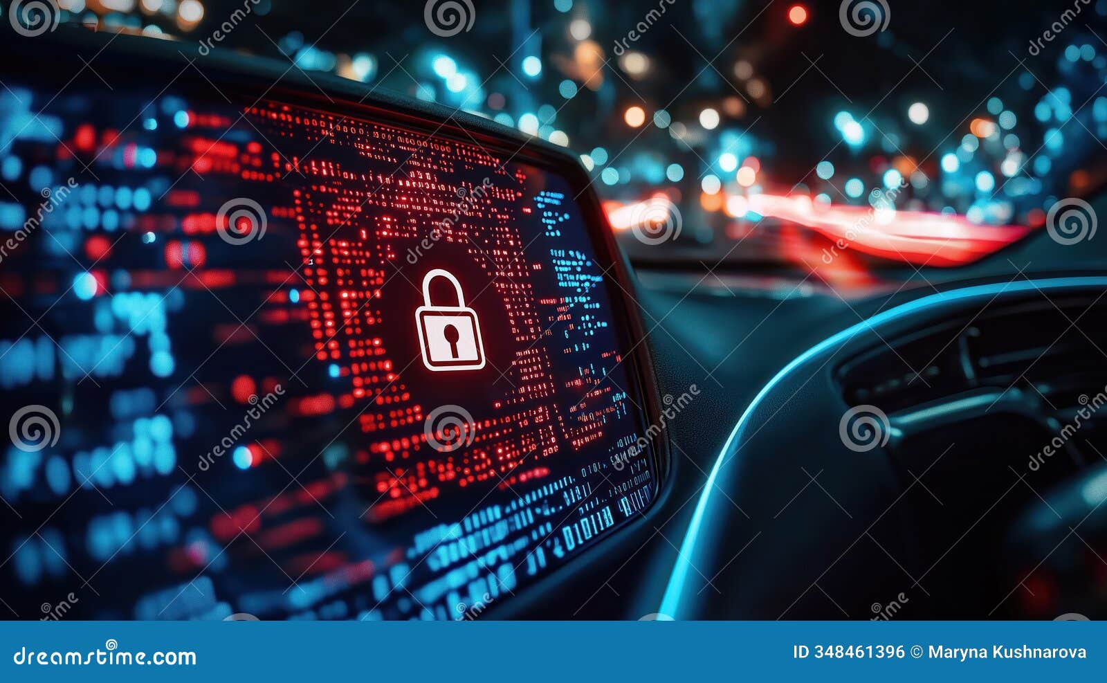 Car Dashboard Displays Digital Data with Lock Icon. Nighttime Scene ...
