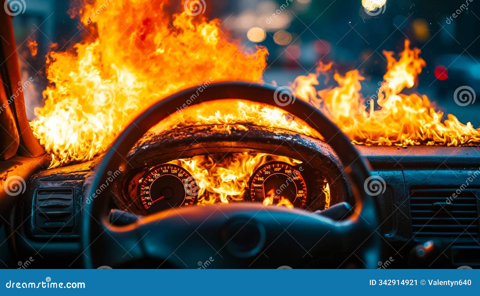 A Car Dashboard on Fire with a Steering Wheel on Fire Stock Image ...