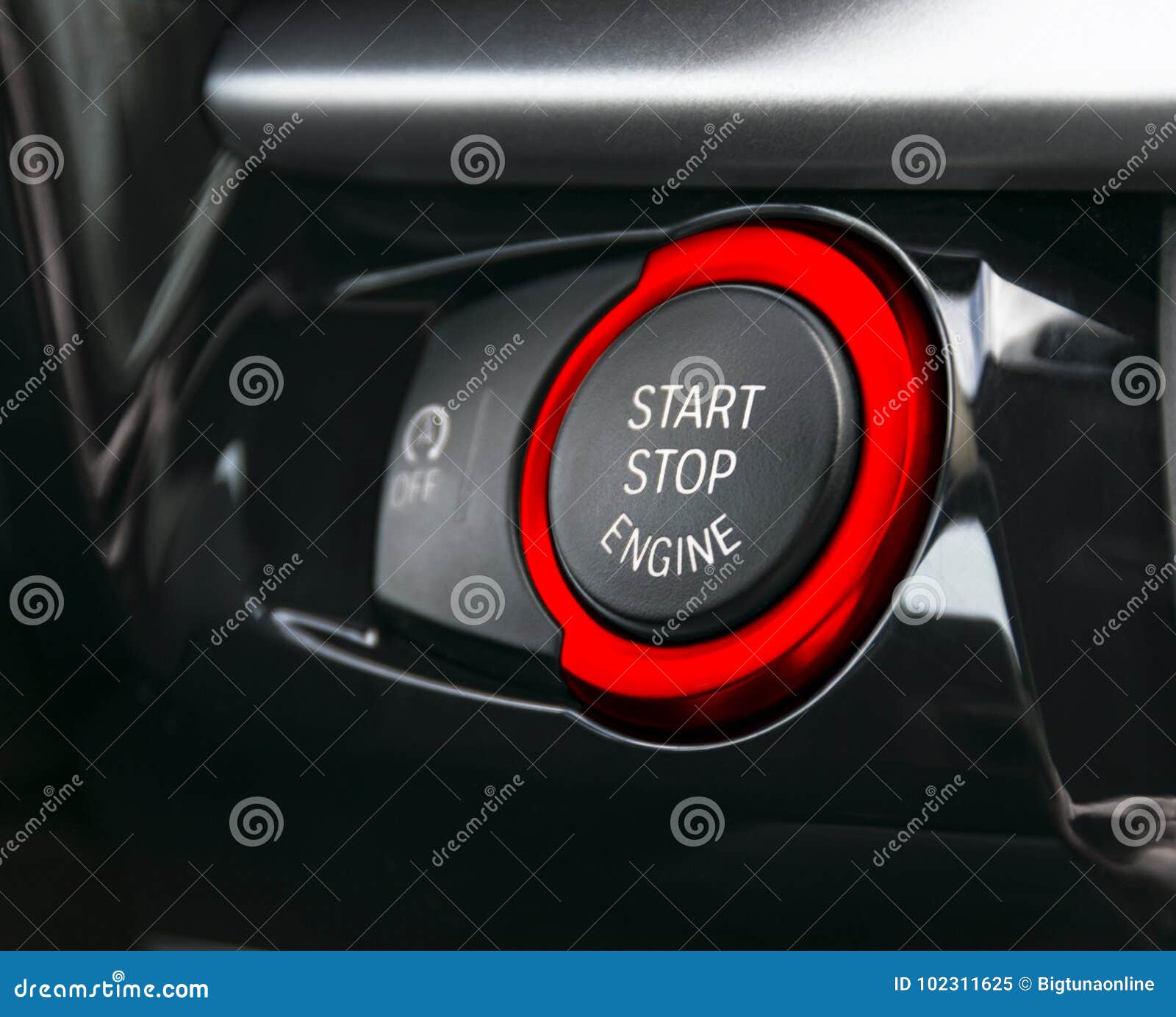 Car Dashboard with Focus on Red Engine Start Stop Button, Car Interior ...