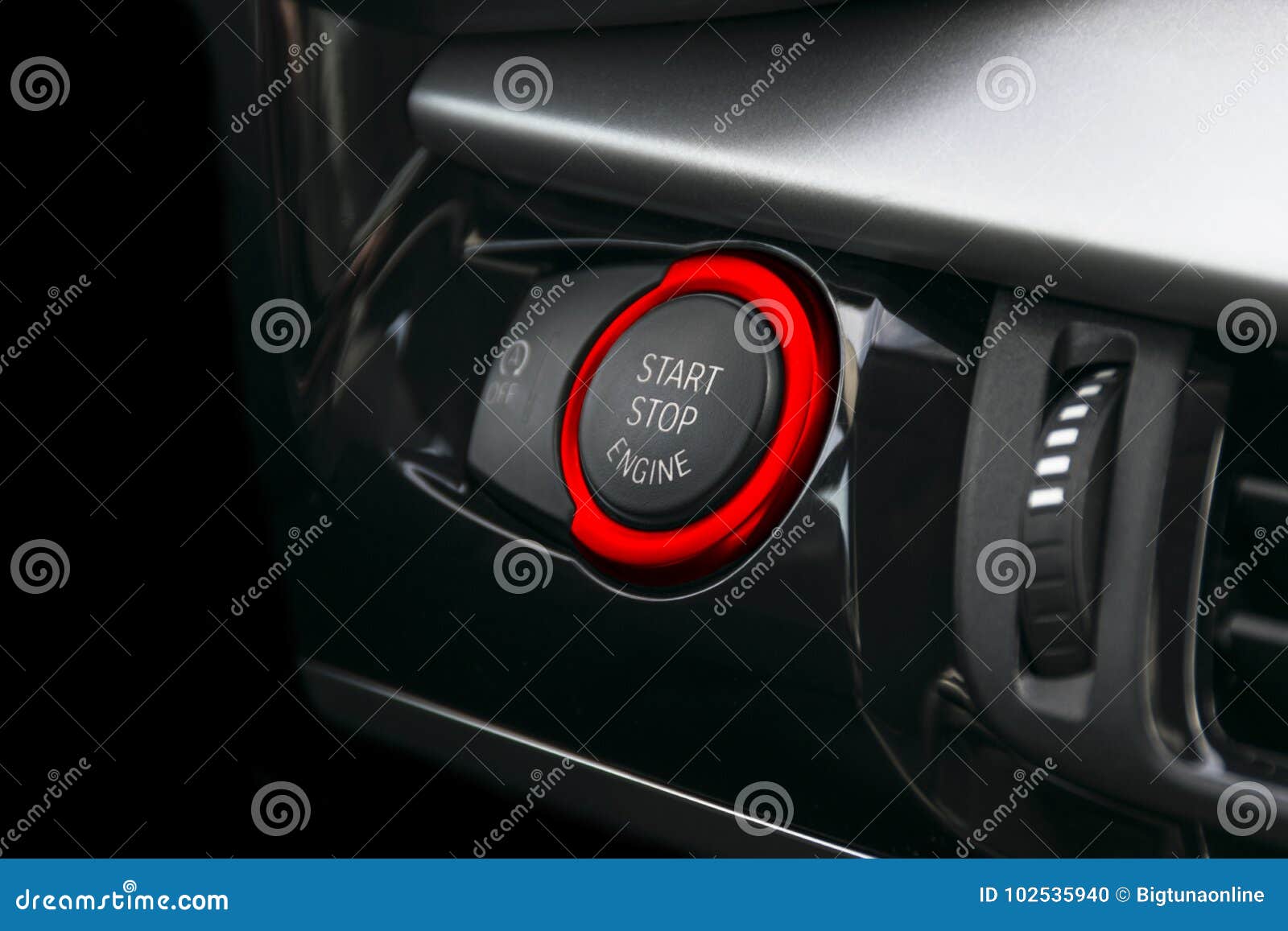 Car Dashboard with Focus on Red Engine Start Stop Button, Car Interior ...