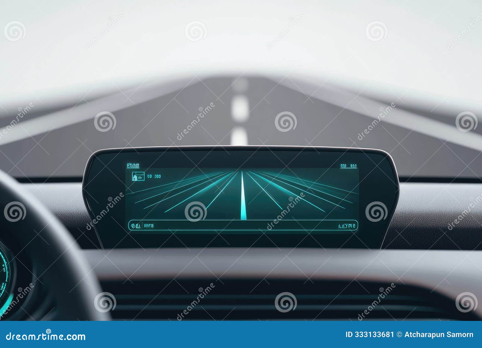 A Car Dashboard with a Green Screen Displaying a Road Ahead. the ...