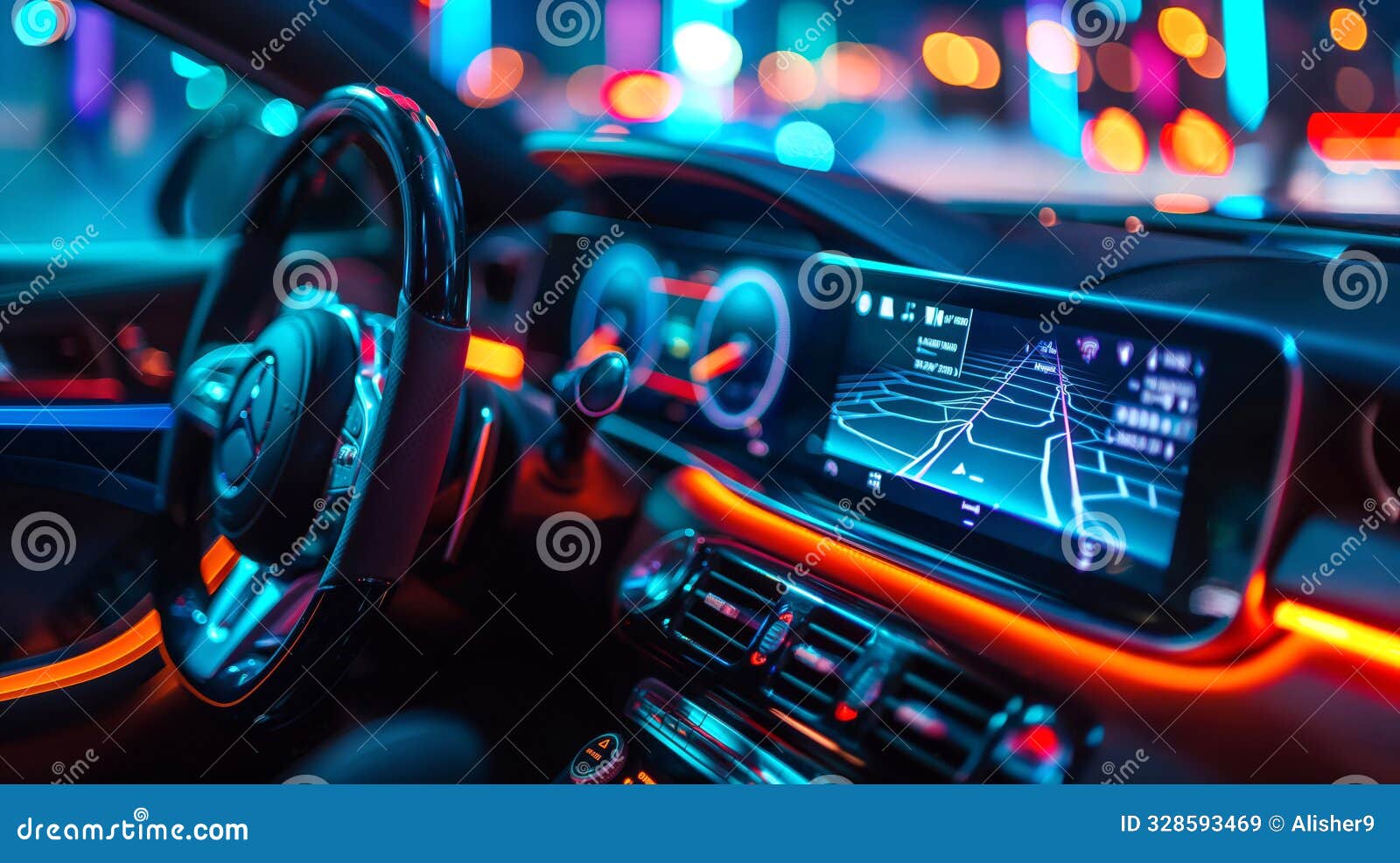 Car Dashboard Illuminated Screen Interface Panel Displaying Information ...