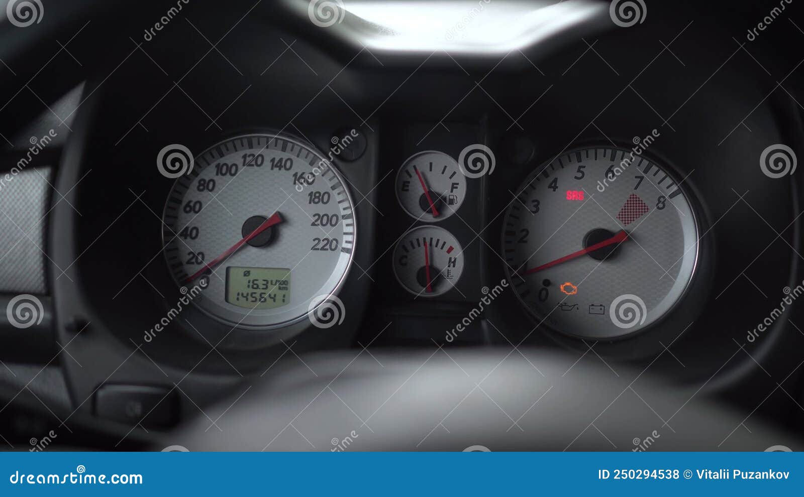 Car Dashboard with Indicators and Gauges. Error Check Engine and Srs ...