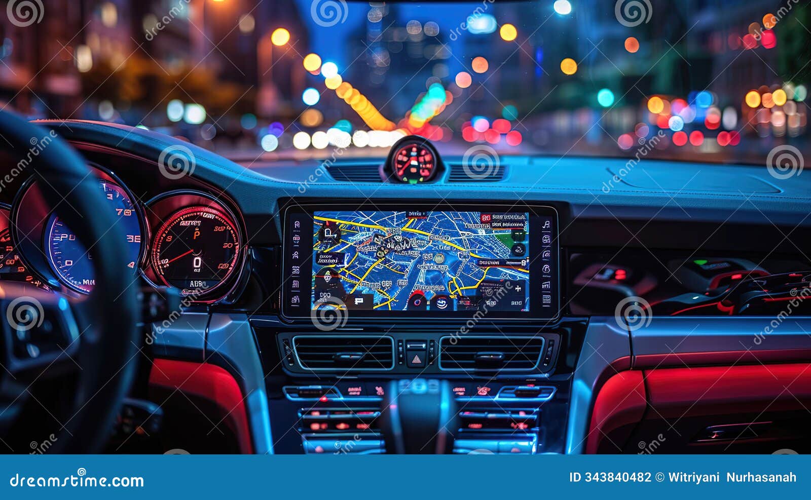 A Car Dashboard with a Navigation Screen Displaying a Map of a City at ...