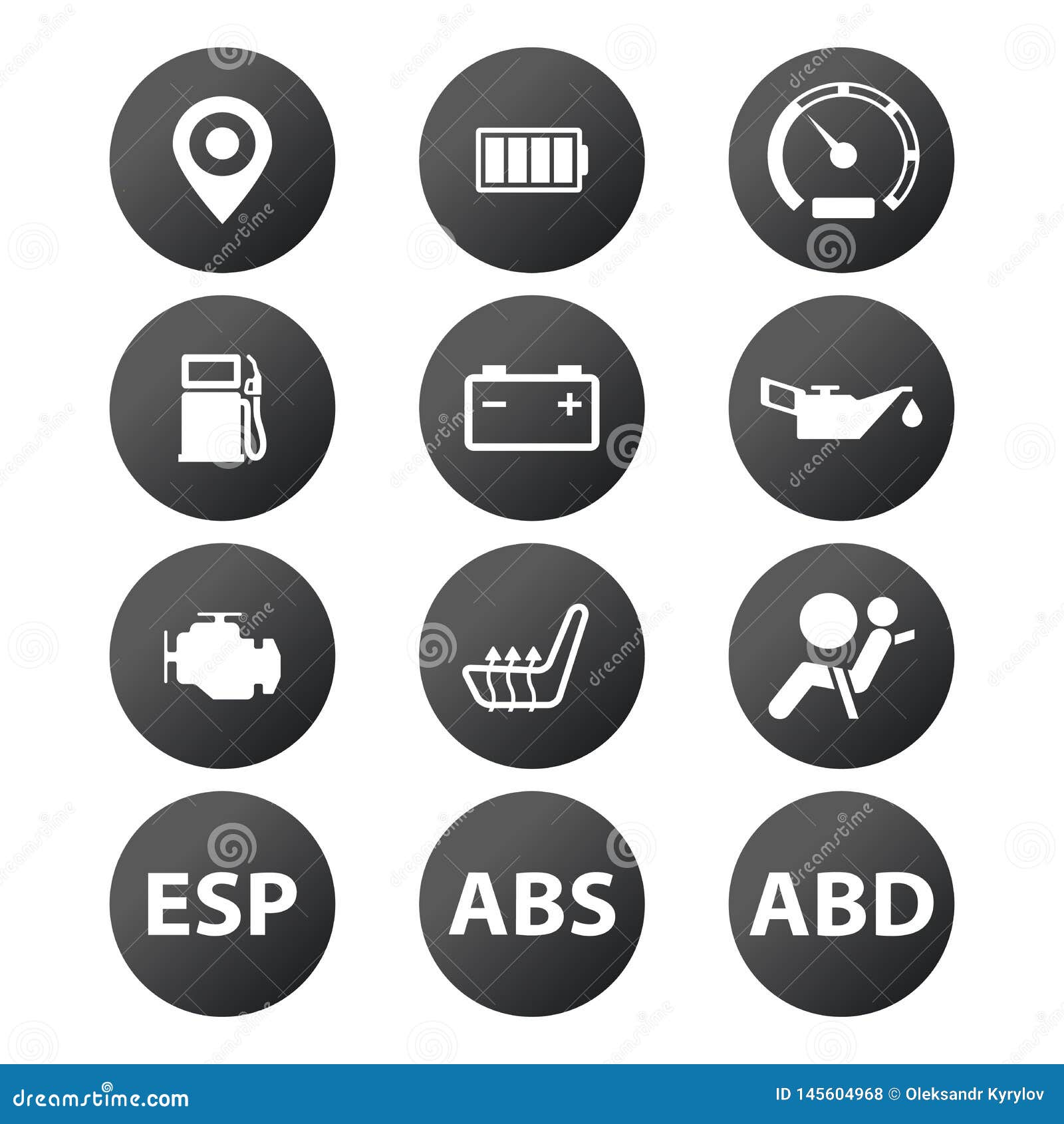 Car Dashboard Panel Indicators, White in Black Circles. Car Icon ...