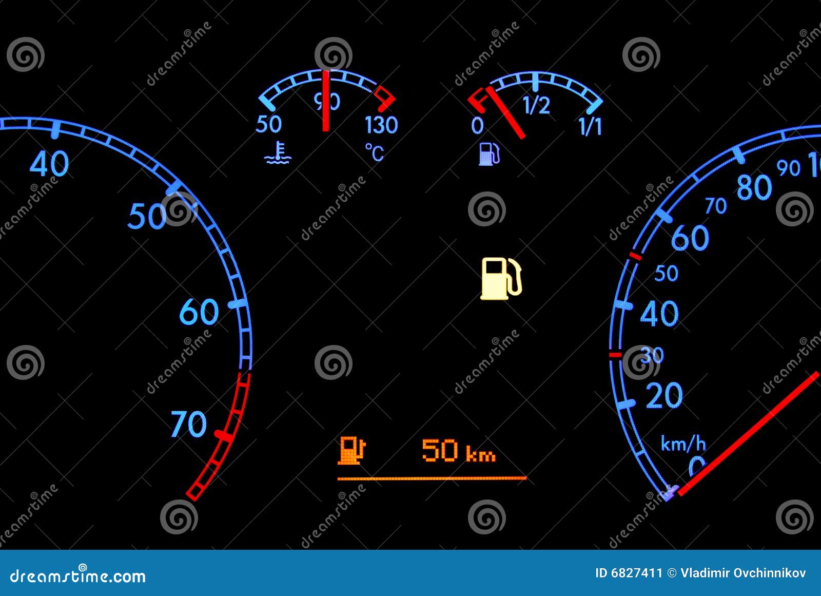 Car Dashboard Shows Low Fuel Stock Illustration - Illustration of night ...