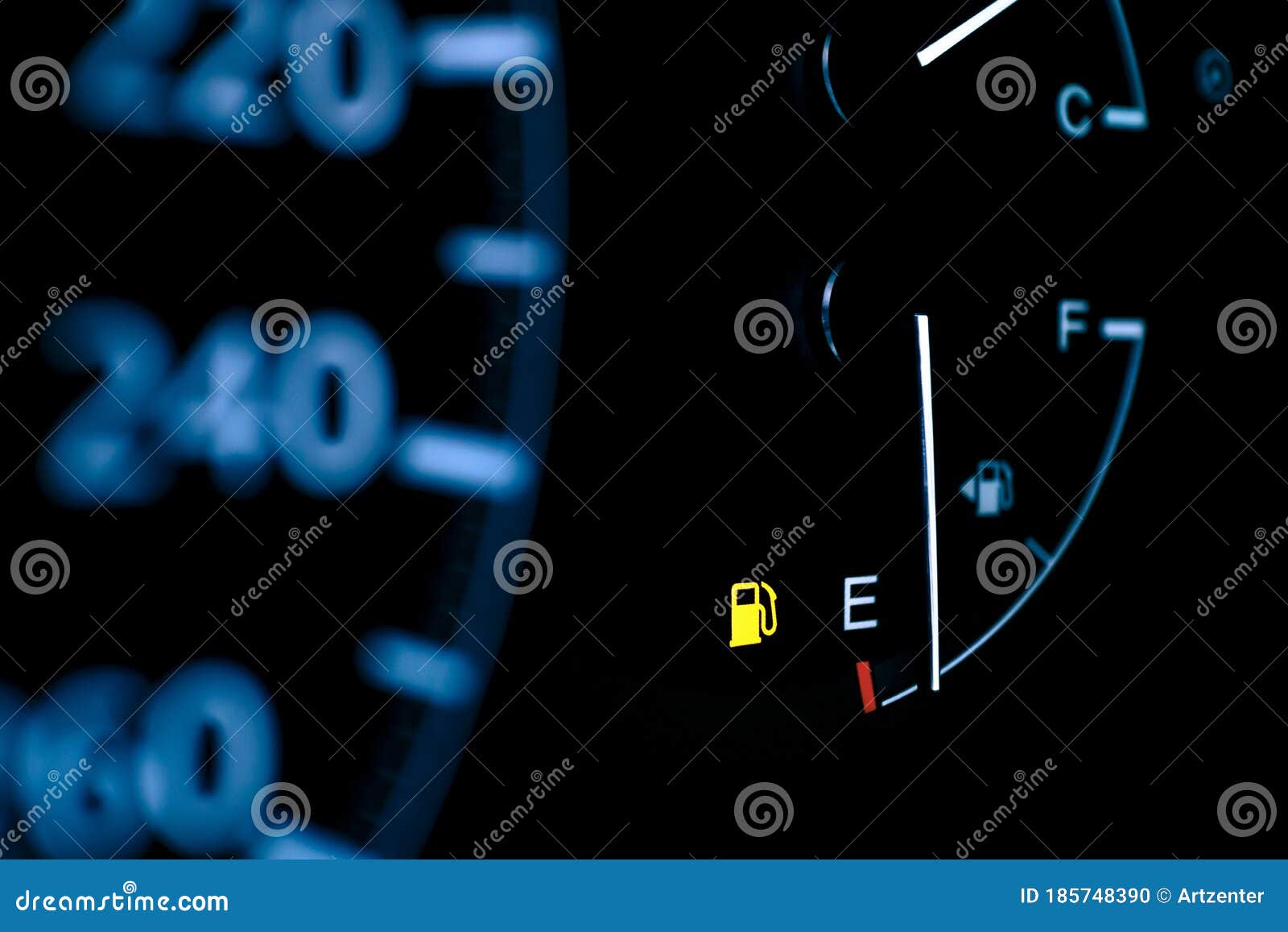 Car Dashboard Shows Low Fuel Warning Light, Selective Focus Stock Photo ...