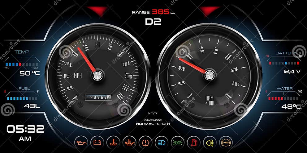 Car Dashboard Speedometer, Tachometer, Digital LED Indicators for Fuel and Engine Temperature ...