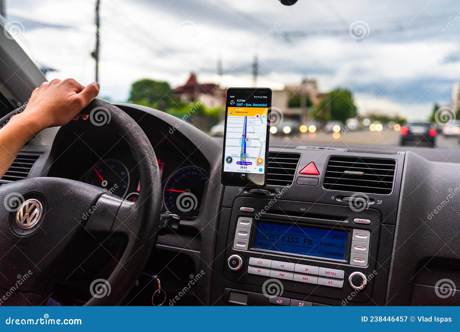 In Car Dashboard View With Smartphone On Waze Maps. Driver Using Waze ...