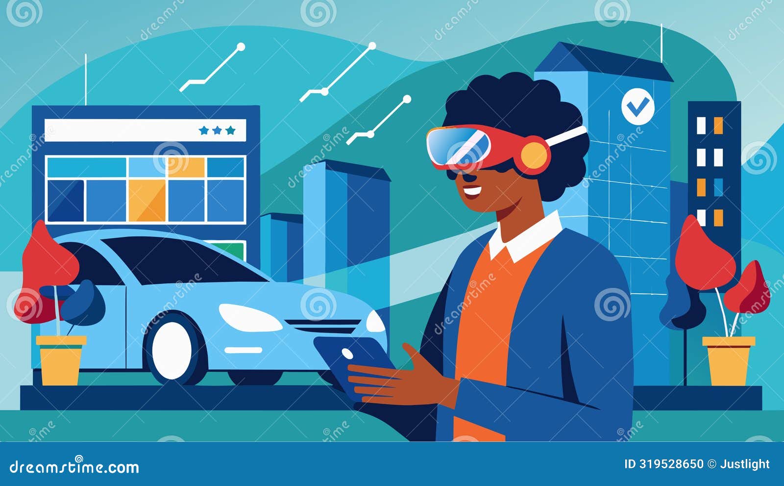 At a Car Dealership a Customer Uses a Virtual Reality Headset To ...