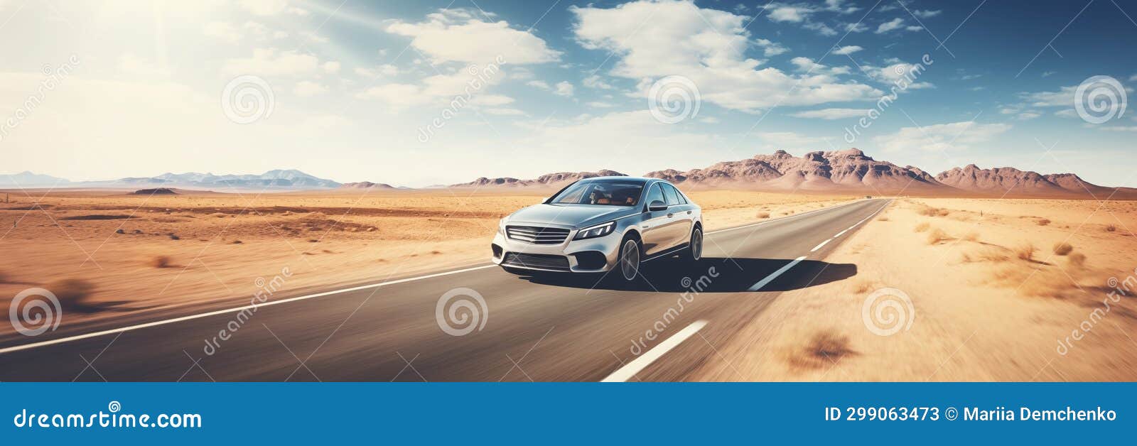Car on Desert Highway Road Banner. Car Trip Along Desert Mountain ...