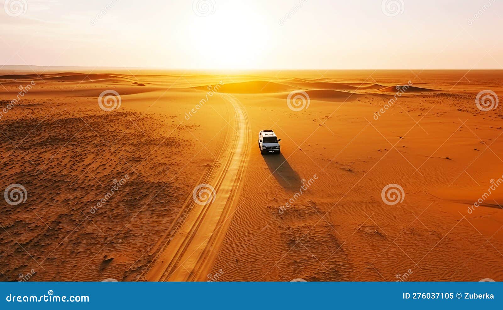 Car on Desert Sand during Sunrise. Drone View Stock Illustration ...