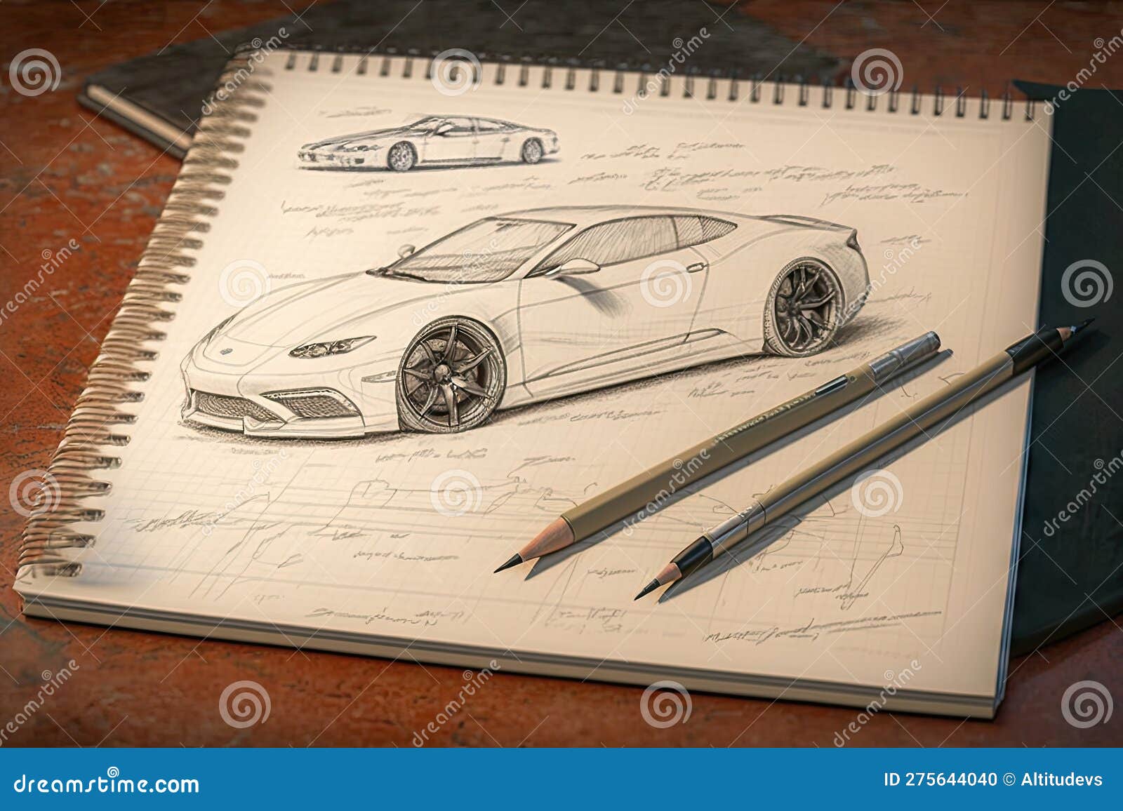 Car Design in Pencil on Notebook Page with Notes and Calculations Stock ...