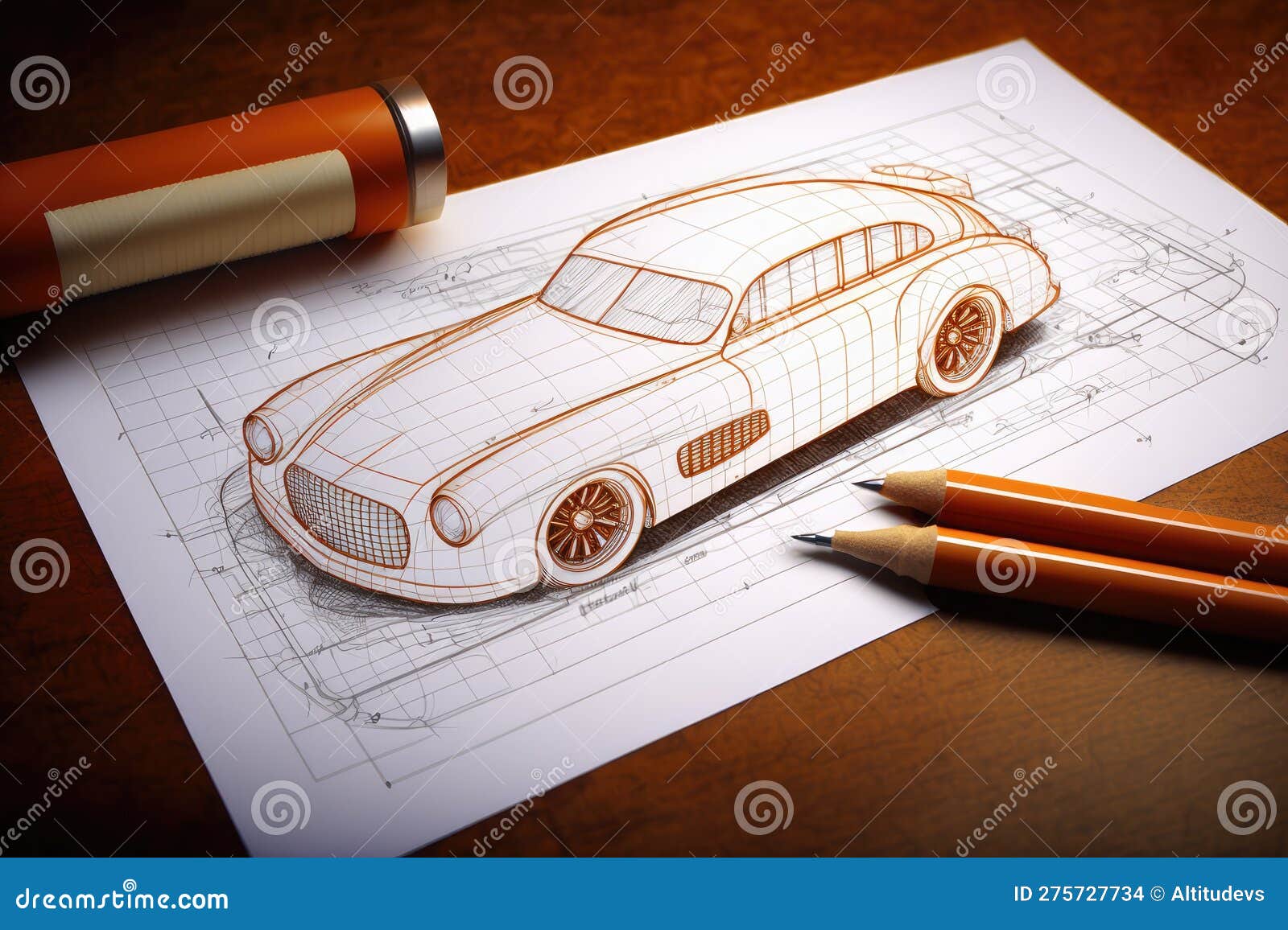 Car Design Sketch on a Sheet of Graph Paper for Technical Drawing Stock ...