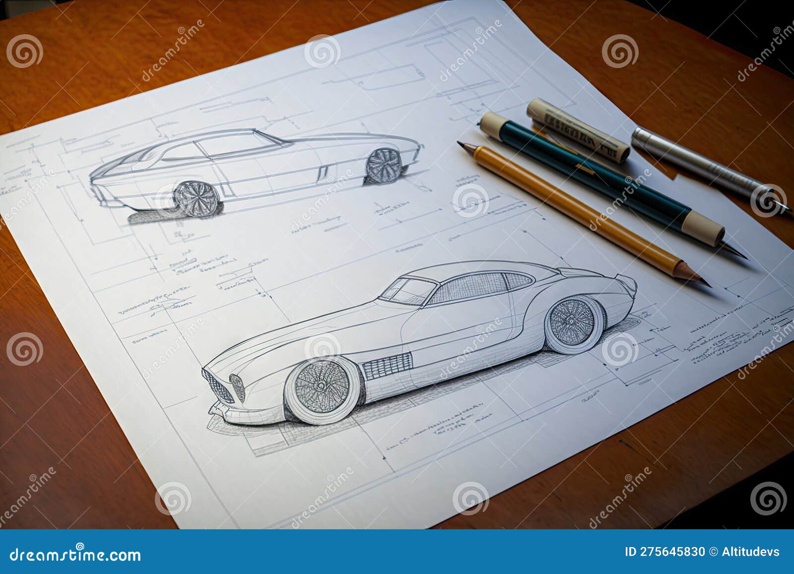 Car Design Sketch on a Sheet of Graph Paper for Technical Drawing Stock ...
