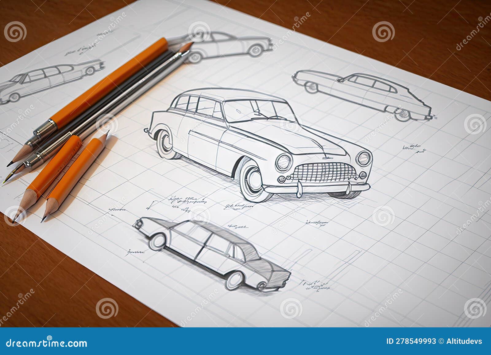 Car Design Sketch on a Sheet of Graph Paper for Technical Drawing Stock ...