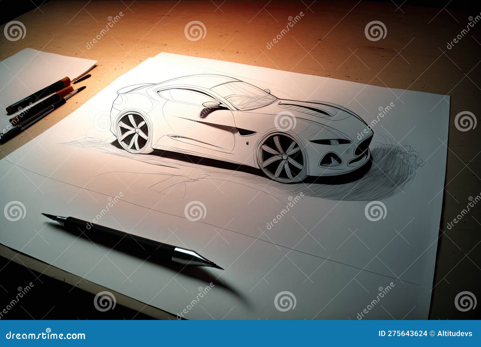 Car Design Sketch on the White Sheet of Paper, with Light and Shadows ...