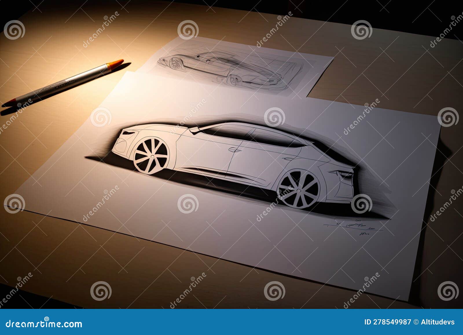 Car Design Sketch on the White Sheet of Paper, with Light and Shadows ...