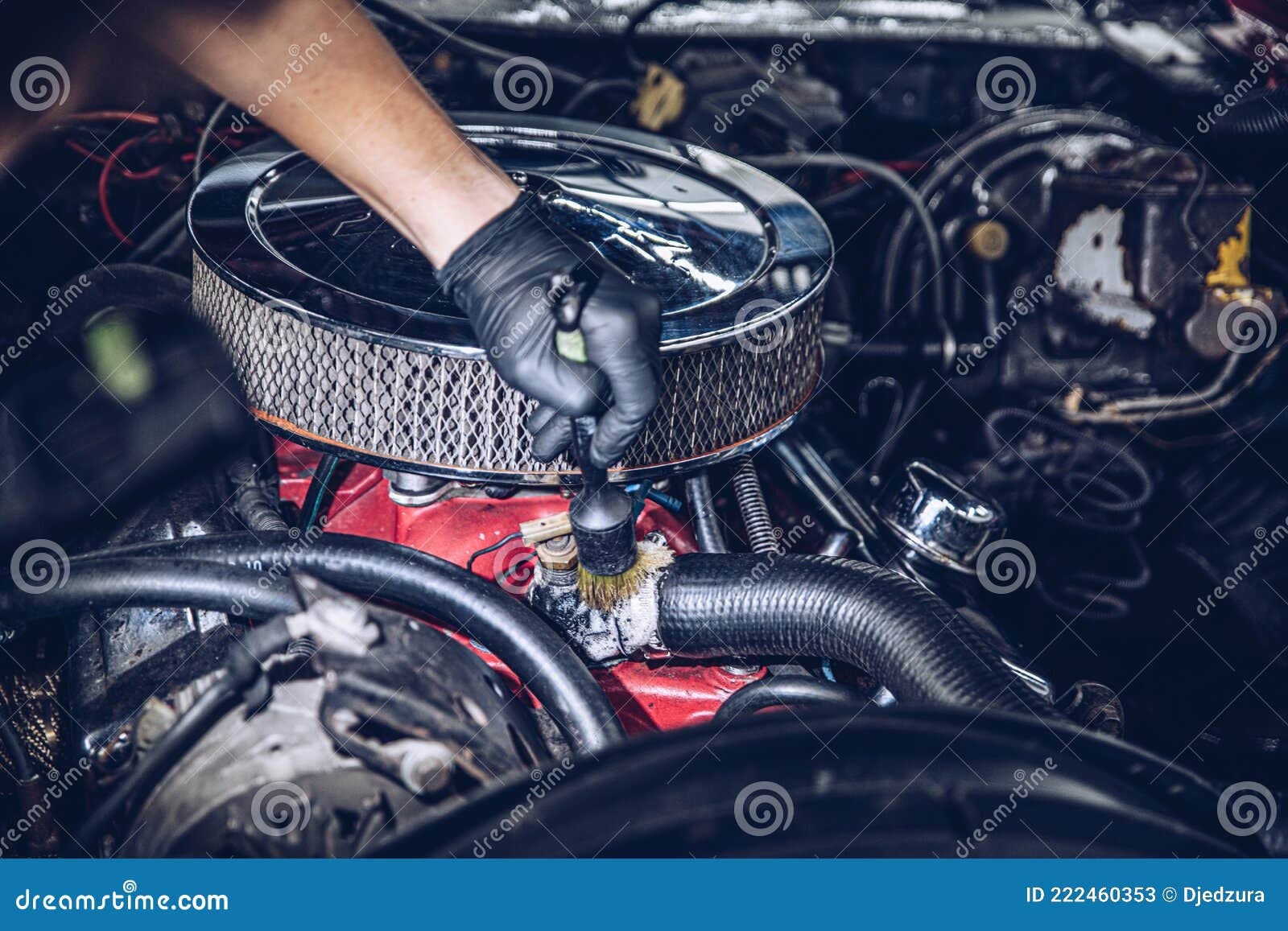 Car Detailing Studio Worker Cleaning Classic Car Engine Stock Image ...