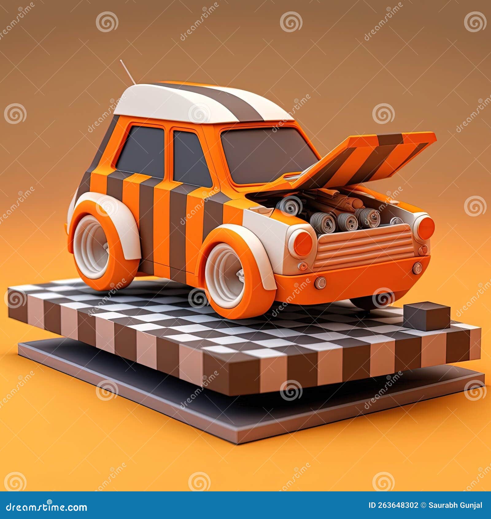 The Car Is On Display On A Podium, With Orange Racing Stripes. Royalty ...