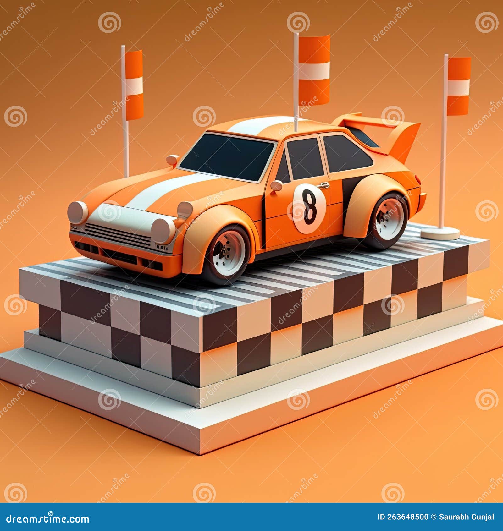 The Car is on Display on a Podium, with Orange Racing Stripes. Stock ...