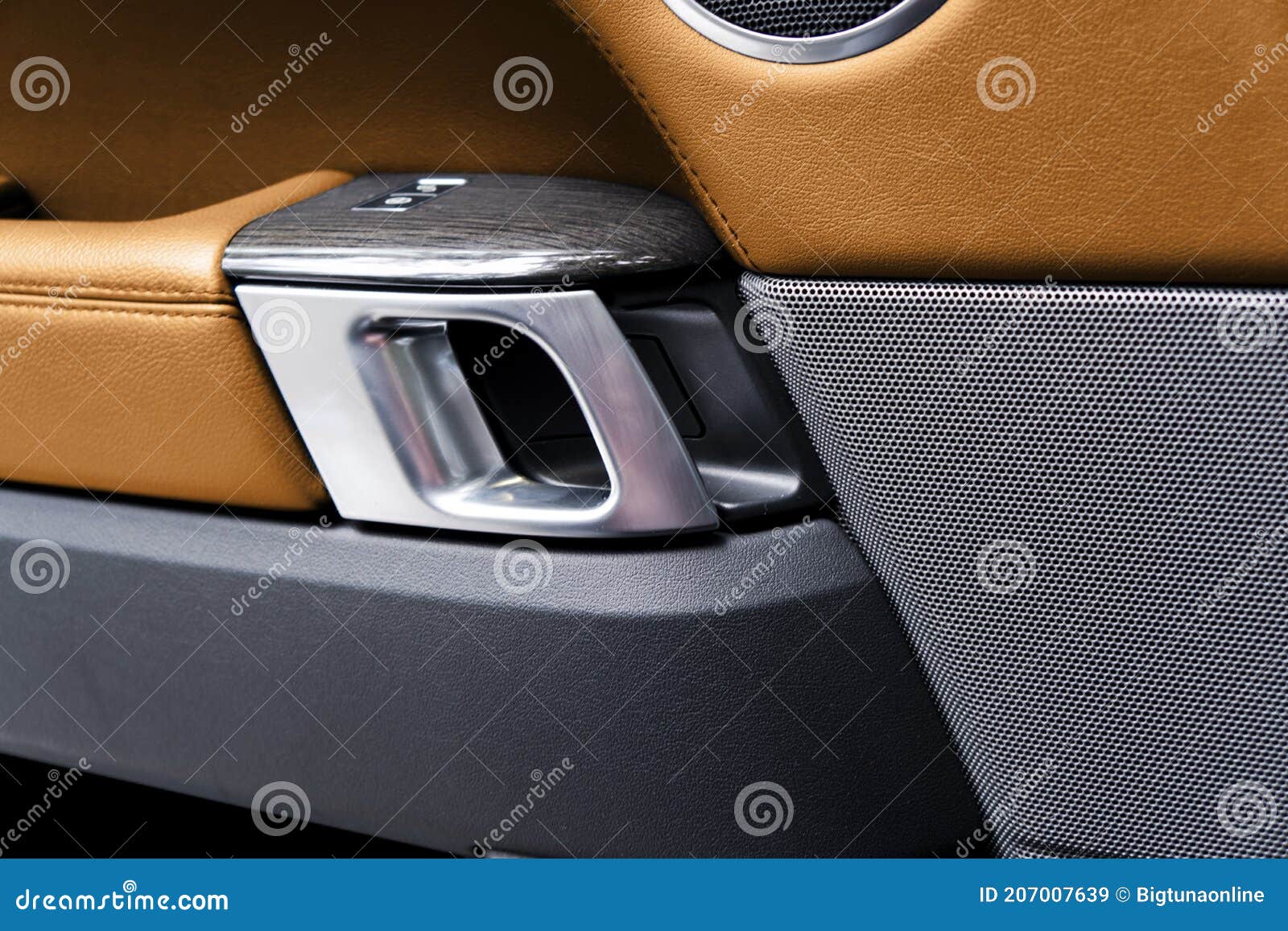 Car Door Handle Inside the Luxury Modern Car with Brown Leather Texture ...