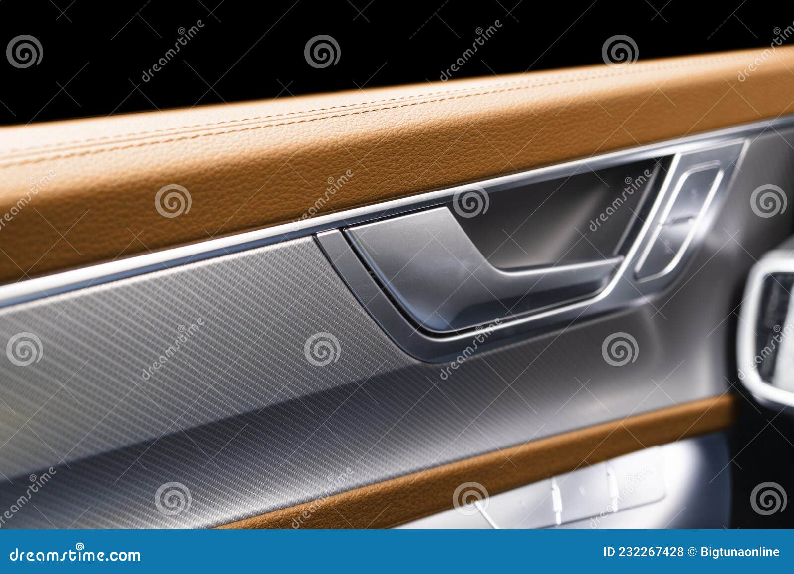 Car Door Handle Inside the Luxury Modern Car with Brown Leather Texture ...